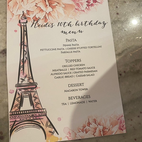 Paris Menu Card Template 5" X 7", Eiffel Tower Food Menu, French Theme ...