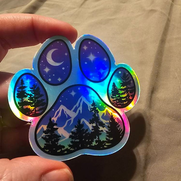 Paw Print Sticker, Holographic Dog Sticker, Hiking Vinyl Sticker, Dog ...