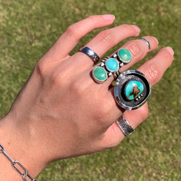 Hubei and Mexican Turquoise Double Stone Ring, Handmade Sterling Silver Chunky Statement Ring ...
