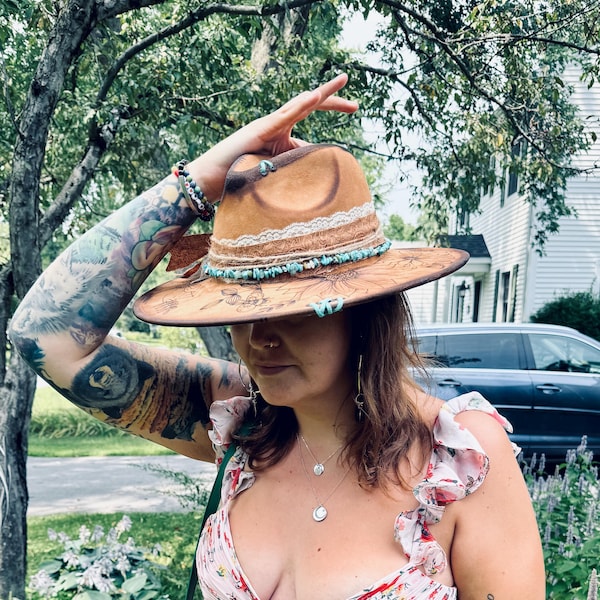 CUSTOM HAND BURNED Wide Brim Hat Bride Branded Hat Flowers and Leaves Burned Hat Western Hat - Etsy