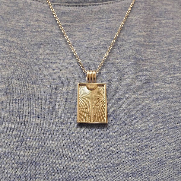 Fluted Sun Medallion Rectangle Pendant Chain Necklace, 18K Gold Plated, Rectangular Pendant ...