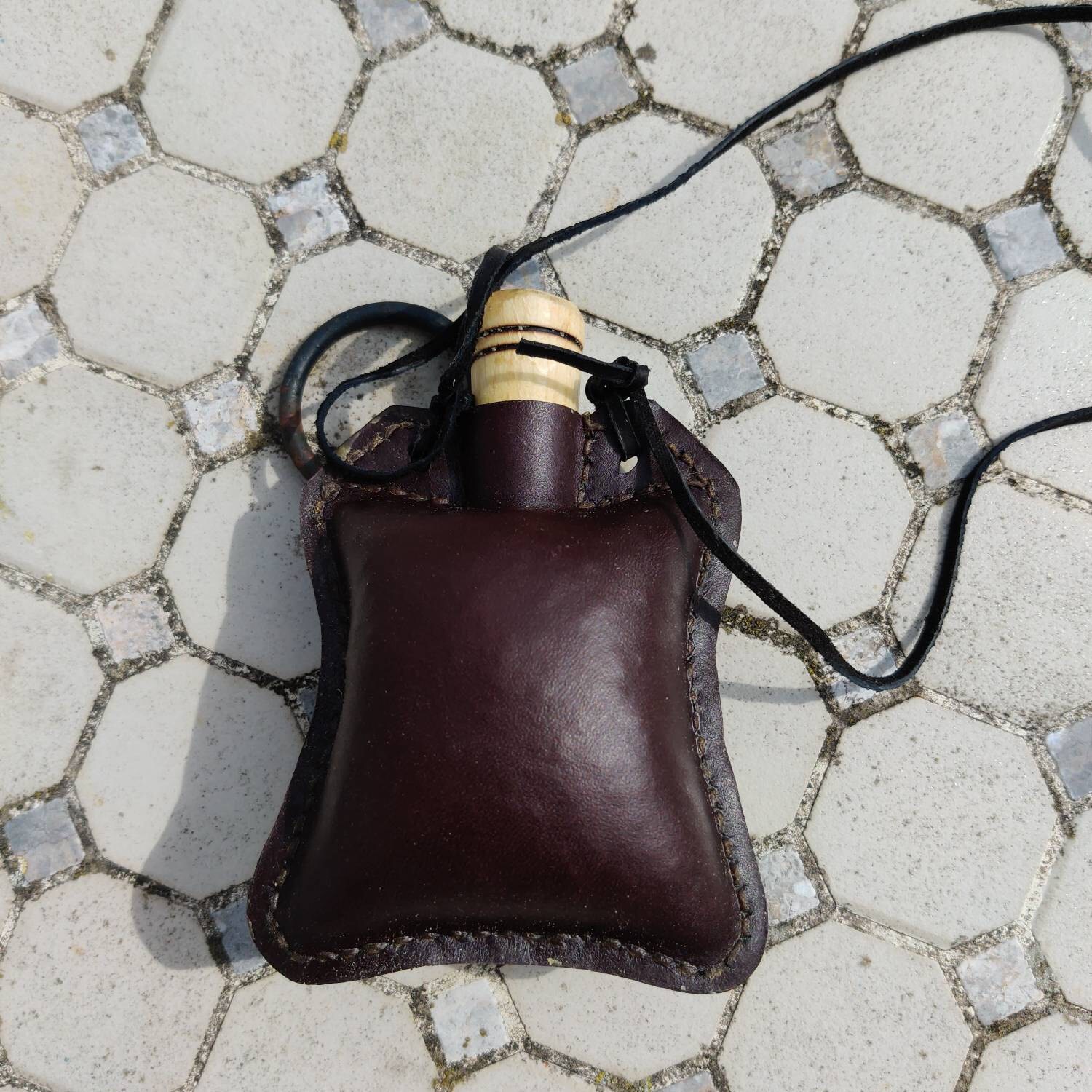 Small hand crafted authentic medieval wine skin with wooden stopper ...