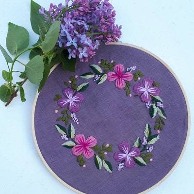Purple Floral Wreath Embroidery Pattern. Beginner Embroidery. PDF ...