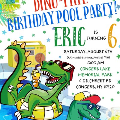 Editable Dinosaur Pool Invitation, Dino-mite Dinosaur Pool Party ...