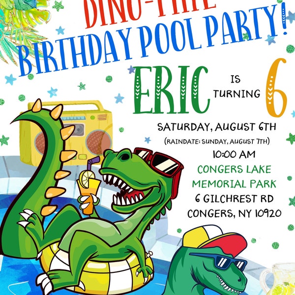 Editable Dinosaur Pool Invitation, Dino-mite Dinosaur Pool Party ...