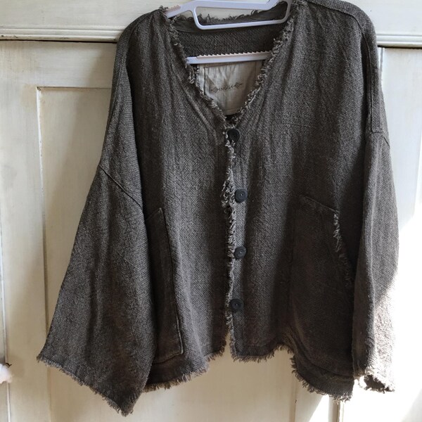 Brown Heavy Cropped Raw Pure Linen Jacket With Wooden Buttons, Pockets ...