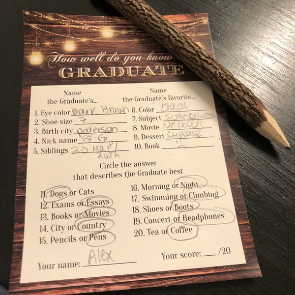 Rustic Graduation Game Cards Printable Graduation Party Game How Well ...