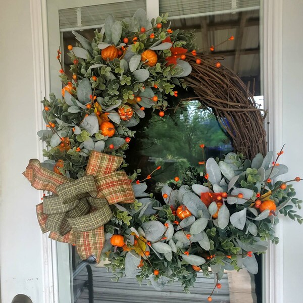 Fall Wreath Bow, Fall Lantern Bow, Orange Plaid Bow, Autumn Bow, Swag ...