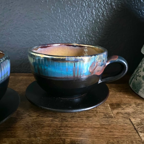 Black Dinner Set With Shades of Blue, and Gold Metallic Luster Stripe 3 ...