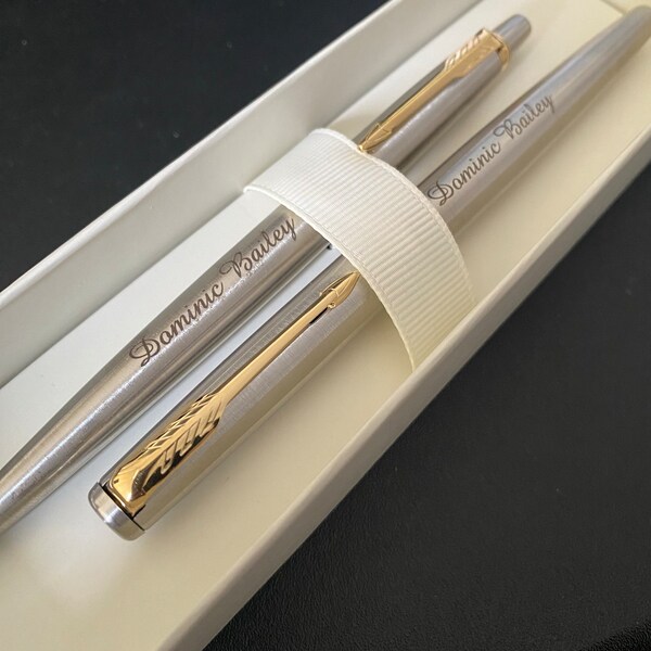 Personalised Pen Set, Engraved Pen, Stainless Steel GOLD TRIM Parker ...