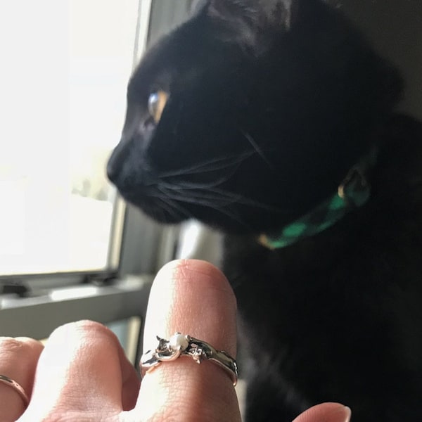 Two Cats Ring With Pearl in Sterling Silver Size 3 to 8 3/4 - Etsy