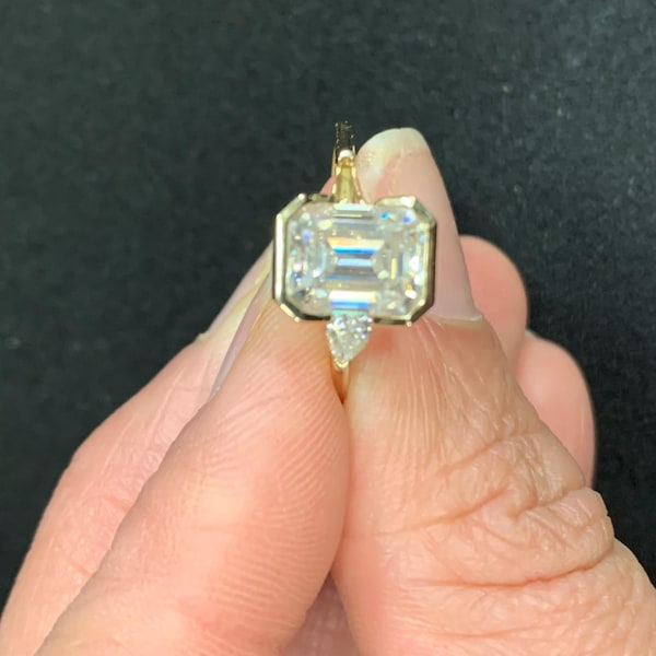Emerald Cut Half Bezel Three Stone Moissanite Engagement Ring, 10K/14K ...