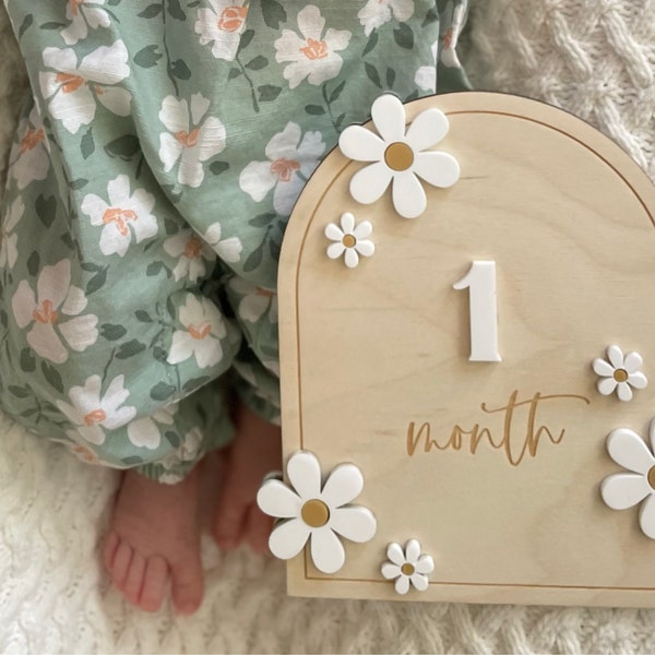 Wooden Daisy Flower Arched Milestone Cards | Custom Name Set | Monthly ...