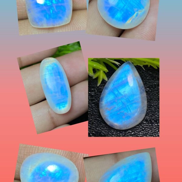 Amazing Blue Flashy Rainbow Moonstone Cabochon Size- 17.50x40.50x6.50 ...