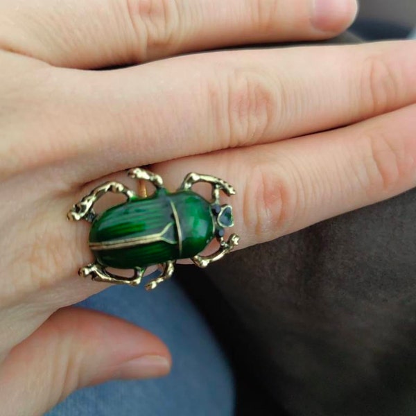 Green Beetle Ring Women's Big Ring With Scarab Cicada Jewelry Enamel ...