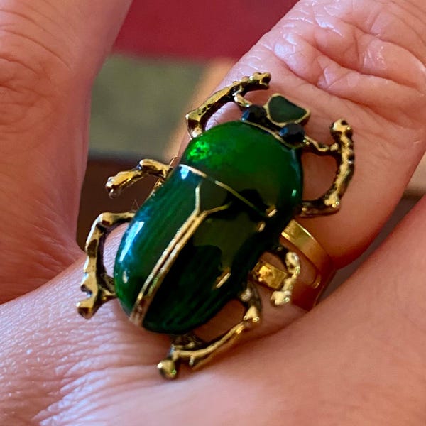 Green Beetle Ring Women's Big Ring With Scarab Cicada Jewelry Enamel ...