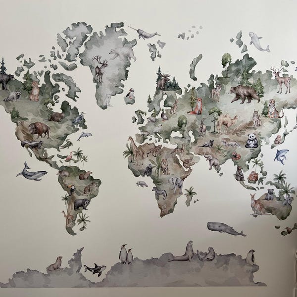 WORLD MAP Wall Decal for Kids, World Map Wall Decal, Wall Decal Animals ...