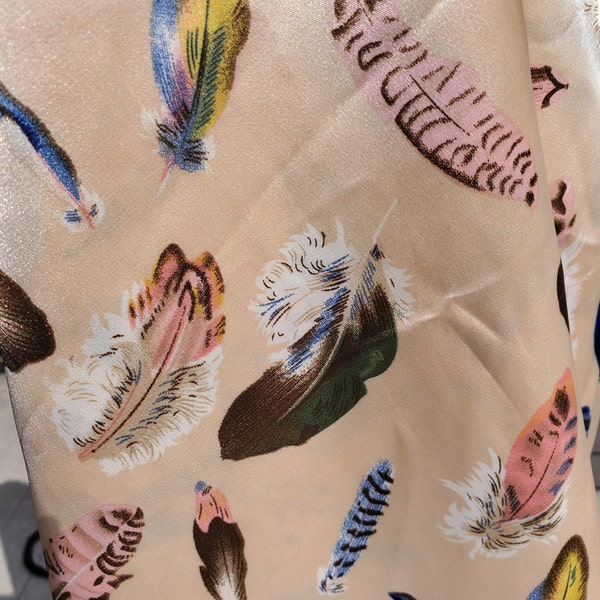 1 Yard Micro Elastic Satin Fabric Feathers Printed Imitate Silk ...