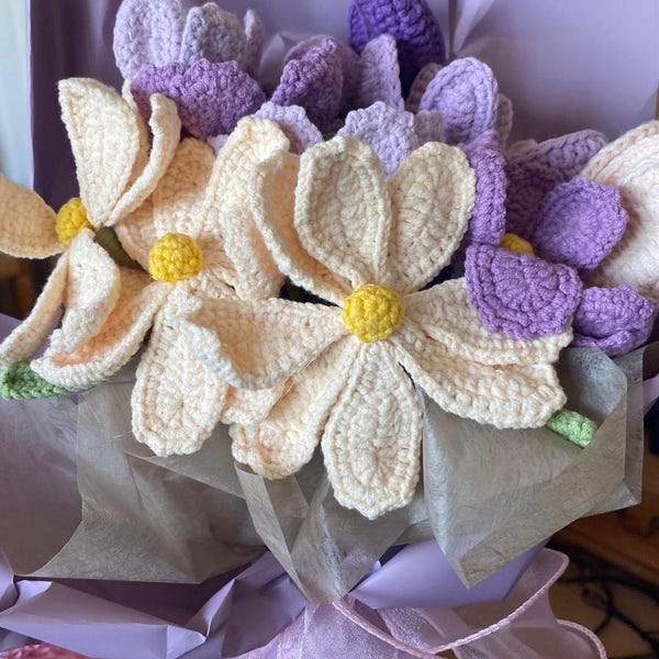 Handmade Purple Crochet Flower Bouquet – Violet Roses & Tulips, Knitted ...