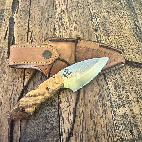 Custom EDC Knife With Scout Carry Leather Sheath, Stainless Steel Fixed ...