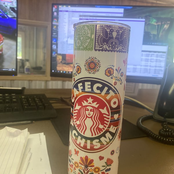 Cafecito Y Chisme 20oz Skinny Tumbler Colorful Mexican Theme Banner ...