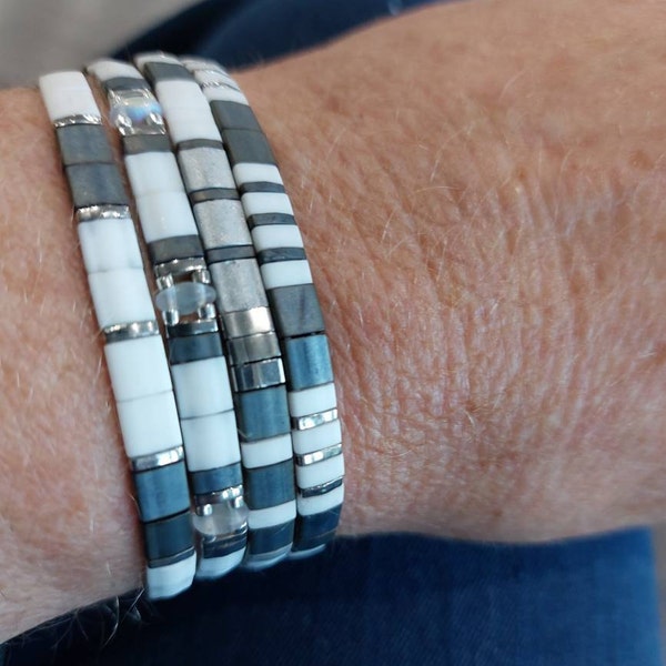 Gray, White & Silver Stackable Beaded Bracelets | Glass Tile Bracelets ...