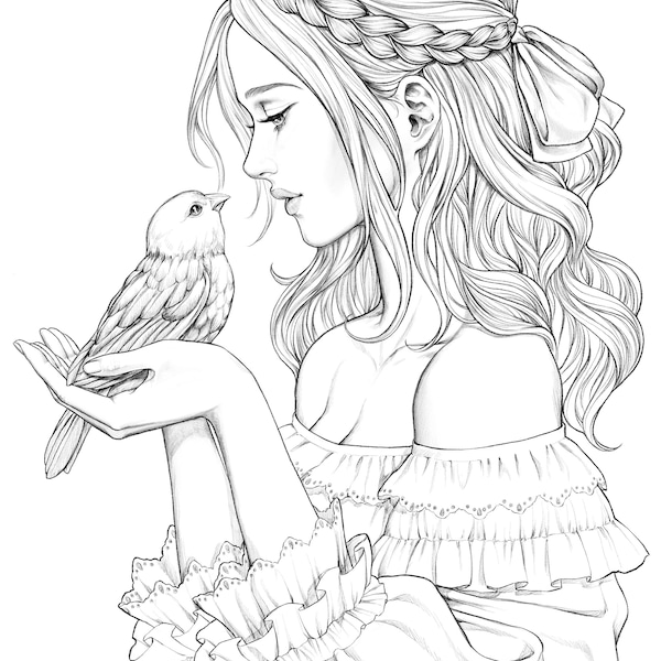 Birdy Coloring Page for Adults Grayscale Coloring Page Instant Download ...