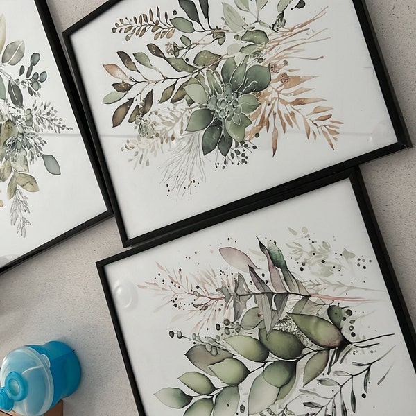 Sage Green Watercolor Botanical Prints, Set of 3, Beige, Wild Flowers ...