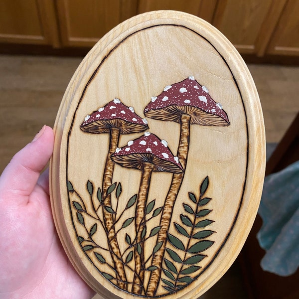 Woodburned Pyrography Mushroom Foliage Wood Plaque Gift for Him Gift ...