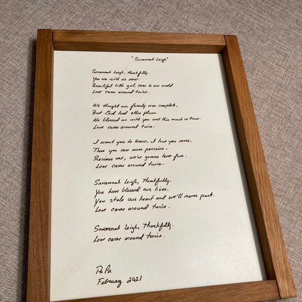 Framed Handwriting Sign, Copy of Actual Handwriting, Handwritten ...