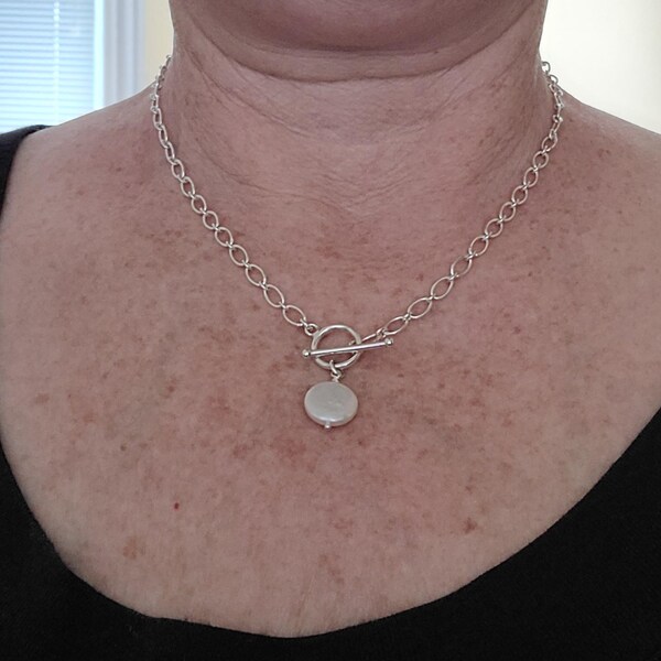 Silver Coin Pearl Toggle Y Necklace Rolo Chain 3.5mm Solid 925 Silver ...