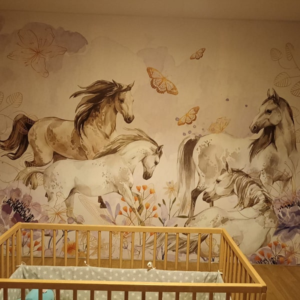 HORSE Wallpaper Mural / Girls Room Wallpaper With Horses, Peonies and ...