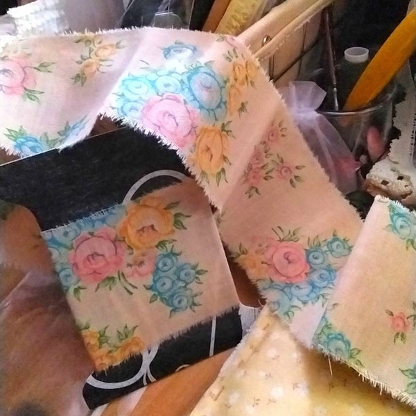 Bees 4 Yards PINKS Tea Dyed Nature Assorted Fabric Torn Ribbon Shabby ...
