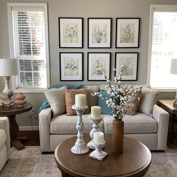 Modern Farmhouse Set of 6 Prints, Black Flowers on Rustic Background ...