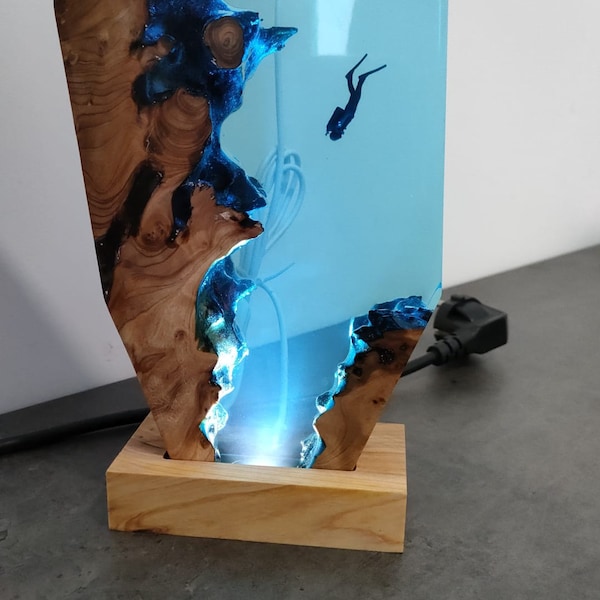 Scuba Diver Resin Lamp, Handmade LED Wood & Resin Night Light for ...