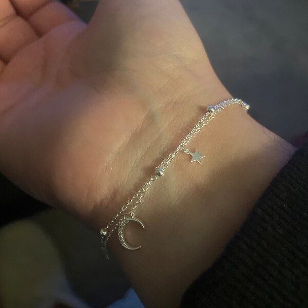 Crescent Moon and Stars Layering Bracelet, Moon Bracelet, Dainty Bracelet, Celestial Jewellery ...