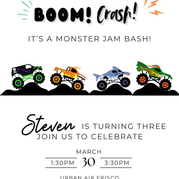 Monster Jam Birthday, Monster Jam Party, Boom Crash, Monster Truck Bash ...