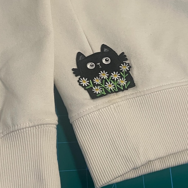 Black Cat With White Flowers Patch, Cute, Iron on Patch, Embroidered ...