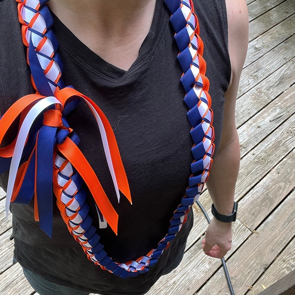 Royal Navy Blue, Orange & White Graduation Ribbon Lei | Thick, High ...