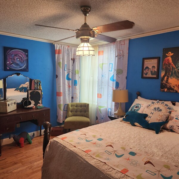 Mid Century Modern Geometric Window Curtains, 60s Retro MCM Cream, Teal ...