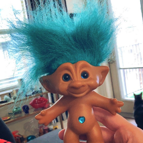 Vintage Ace Novelty Treasure Troll Doll, Blue Hair, Blue Heart Jewel ...