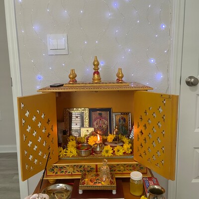 Large Wooden Mandir With Doors and Cabinets / Mandir With LED Lights ...