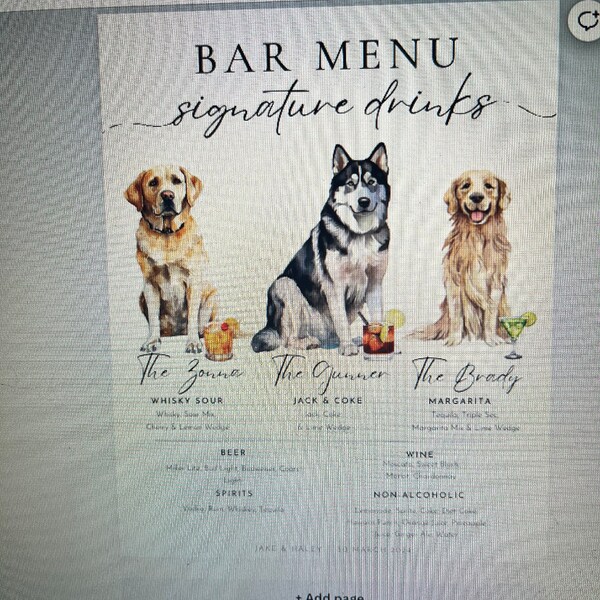 Signature Drink Sign With Dog, Bar Menu Template With Watercolor Drinks ...