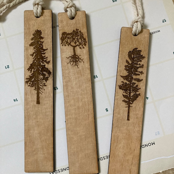 Tree Bookmarks, Set of Three, Wood Bookmarks, Engraved, Tree, Gift ...