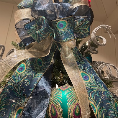 Peacock Tree Topper, Six 48 Inch Streamers, Extra Large Peacock Bow ...