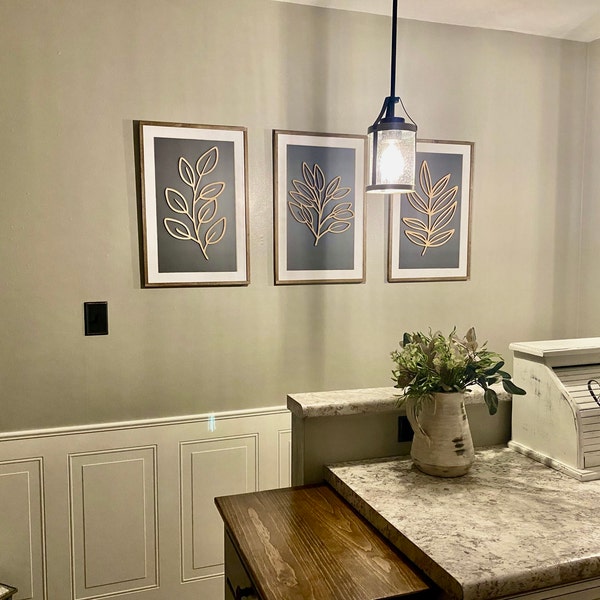 Wood Leaf Wall Art | Leaf Line Art Set of 3 | Botanical Wooden Wall ...