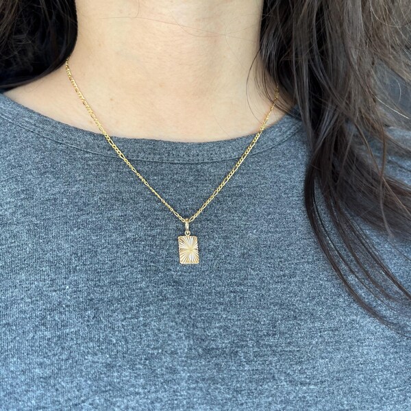 Rectangle Solid Gold Pendant Necklace 14k Gold Sun Pendant With 3mm ...