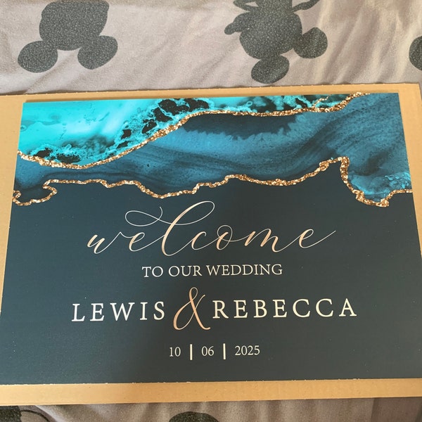 Wedding Welcome Sign 12x18, 18x24 or 24x36 Modern Teal Gold Agate ...