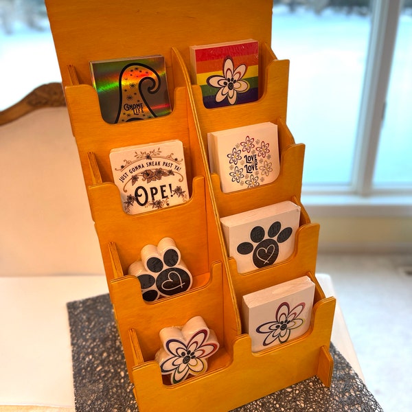 8 Pocket 4" Width, Sticker Display Rack With U Cuts, Wooden Countertop ...