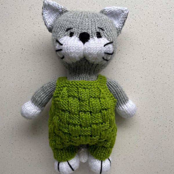Cat Knitting Pattern, DIY Stuffed Animal,cat in Overall, Gift for Kids ...